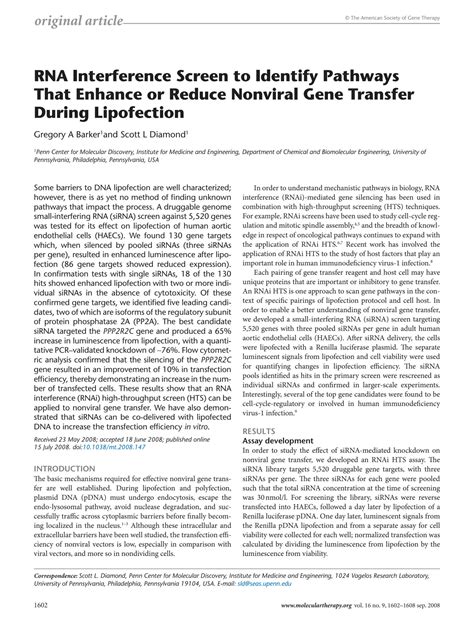 Solution Rna Interference Screen To Identify Pathways That Enhance Or Reduce Nonviral Gene