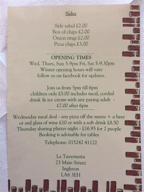 Menu At La Tavernetta Restaurant Ingleton