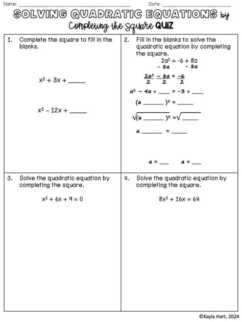 Solving Quadratic Equations By Completing The Square Quiz By Faith Figures