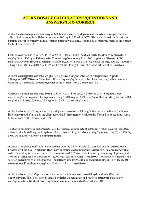Ati Rn Dosage Calculations Questions And Answers 100 Correct Scholarfriends