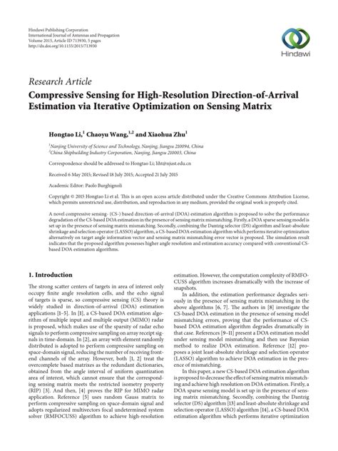 Pdf Compressive Sensing For High Resolution Direction Of Arrival Estimation Via Iterative