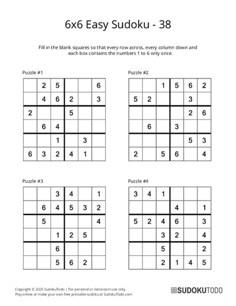 6x6 Easy Sudoku Puzzles Printable
