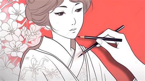 애니메이션 여자가 기모노를 입고 그림을 그리고 있다 그림 라인 아트를 만드는 방법 배경 일러스트 및 사진 무료 다운로드 Pngtree