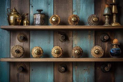Rustic Brass Door Knobs Arranged On Wooden Shelf Stock Illustration