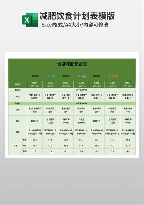 个人健身减肥记录表模板 个人日常excel模板下载 蓝山办公