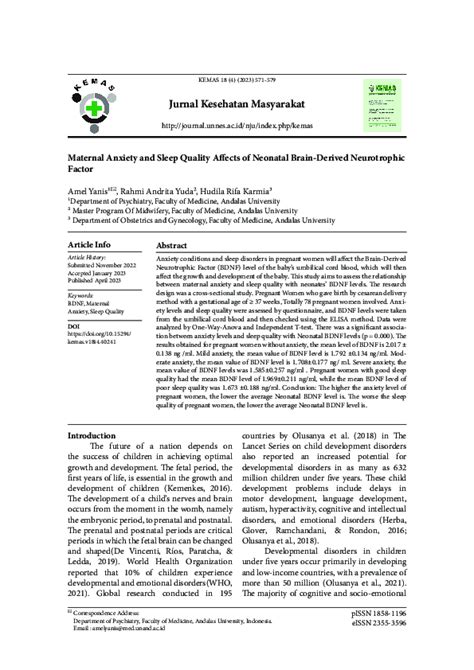 Pdf Maternal Anxiety And Sleep Quality Affects Of Neonatal Brain Derived Neurotrophic Factor