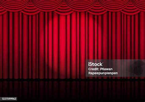 스포트라이트 콘서트 또는 스포트라이트 배경 일러스트 벡터와 프리젠 테이션을위한 무대 또는 시네마에 현실적인 빨간 커튼을 3d