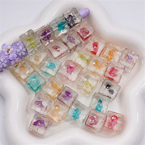Clear Square Acrylic Beads With Gold Foil And Multi Color Shells 14 15