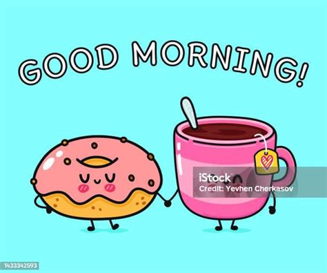 귀엽고 재미있는 행복한 커피 한 잔과 분홍색 도넛 캐릭터 벡터 손으로 그린 만화 카와이 문자 일러스트 레이 션 아이콘 차와 분홍색 도넛 친구 개념의 재미있는 만화 컵 가득