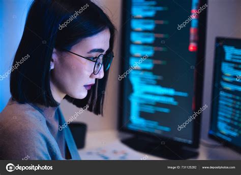 Asian Woman Software Development Working Coding Computer Screen Flowchart Night Stock Photo