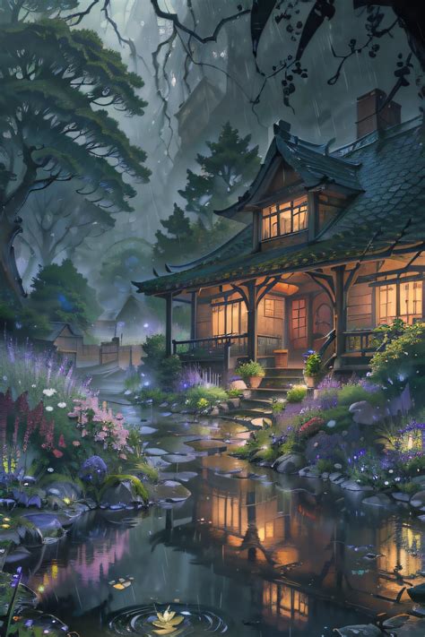 想象一下在一个雨夜的小镇 在一座房子的花园里 路灯 颜色 一点苔藓 Seaart Ai