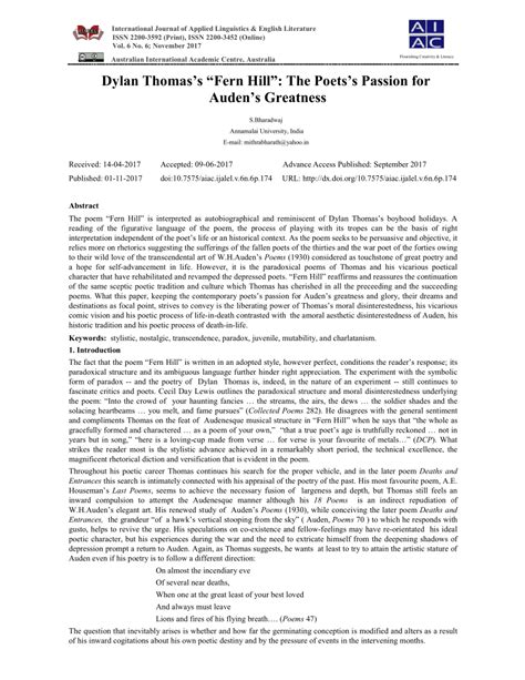 Pdf Dylan Thomass Fern Hill” The Poetss Passion For Audens Greatness
