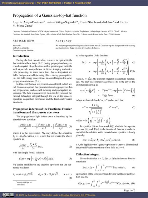 Pdf Propagation Of A Gaussian Top Hat Function