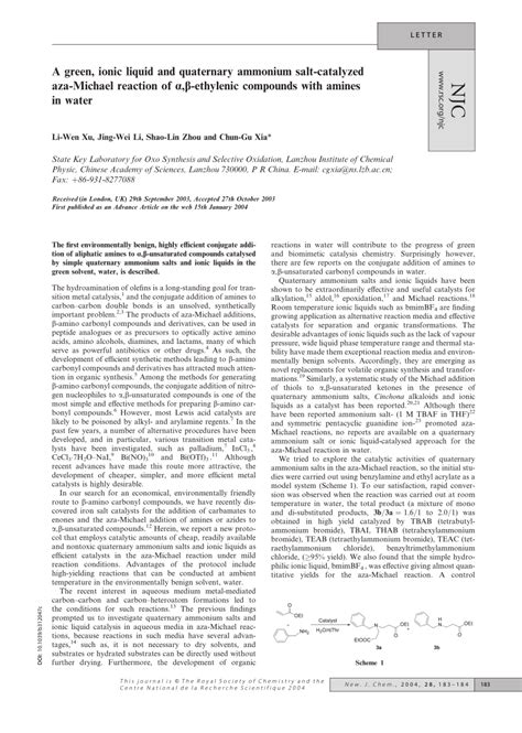 Pdf A Green Ionic Liquid And Quaternary Ammonium Salt Catalyzed Aza