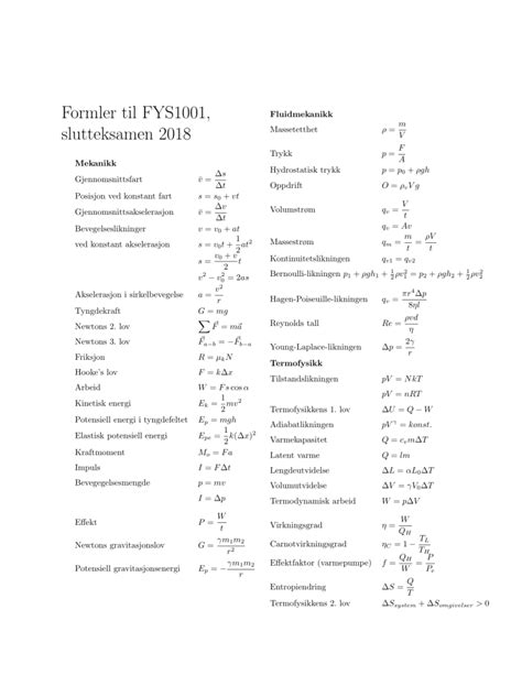 Fys1001 Physics Formula Sheet