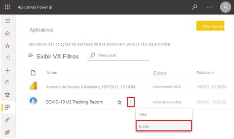 Excluir um dashboard um relatório uma pasta de trabalho um modelo semântico ou um workspace
