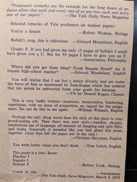 낭만넘쳤던 예일대교수들의 학생 과제 평가 포텐 터짐 최신순 에펨코리아