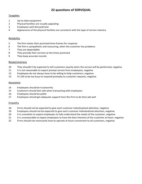 Servqual Questionnaire 22 Questions For Service Quality