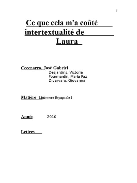 Ce Que Ma Coûté Lintertextualité De Laura Pdf Amour Mort