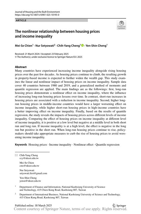 The Nonlinear Relationship Between Housing Prices And Income Inequality Request Pdf