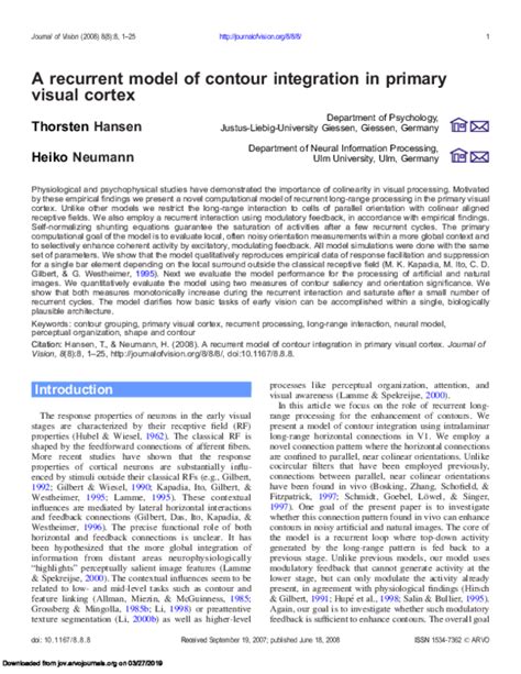 Pdf A Recurrent Model Of Contour Integration In Primary Visual Cortex