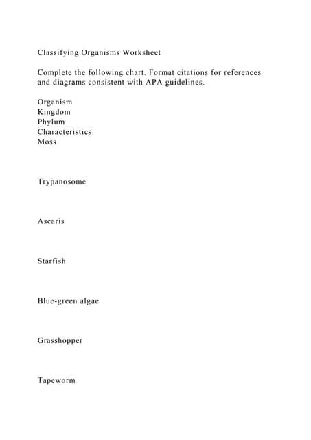Classifying Organisms Worksheetcomplete The Following Chart Fordocx