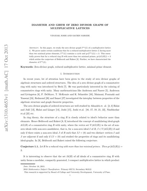 Pdf Diameter And Girth Of Zero Divisor Graph Of Multiplicative Lattices