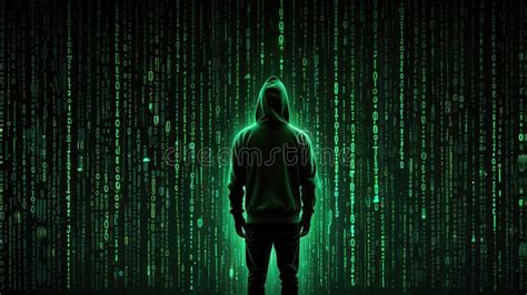 Mysterious Hooded Figure Surrounded By Green Binary Code Representing