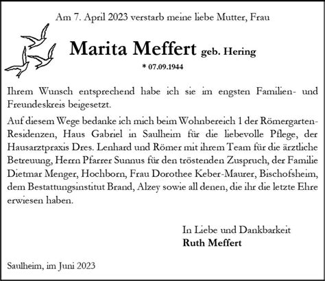 Traueranzeigen Von Marita Meffert Vrm Trauerde