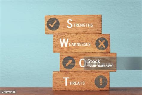 Swot 분석 및 전략 계획 기법 개념 Swot 단어는 다음을 포함한 나무 큐브 블록 스택에 강점 약점 기회 및 위협을