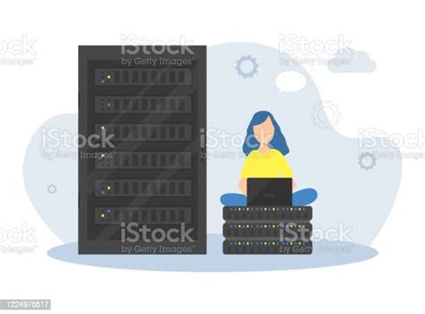 서버룸에서 컴퓨터로 작업하는 젊은 여성 프로그래머 여성 시스템 관리자 서버 의 작동을 모니터링 벡터 일러스트 네트워크 서버에