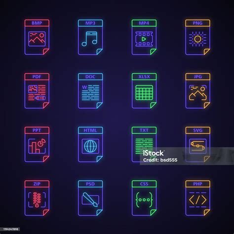 files format neon light icons set stock illustration download image