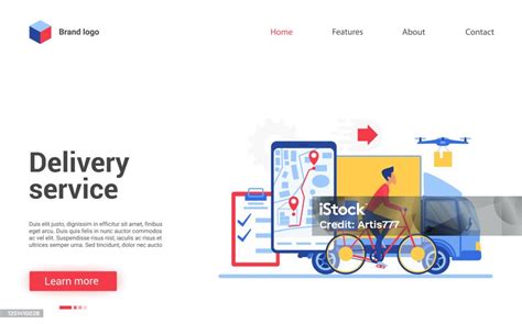 배달 서비스 벡터 일러스트레이션 자전거 트럭 밴 또는 드론을 운전하는 주문 상자를 제공하는 만화 택배 캐릭터와 웹 사이트