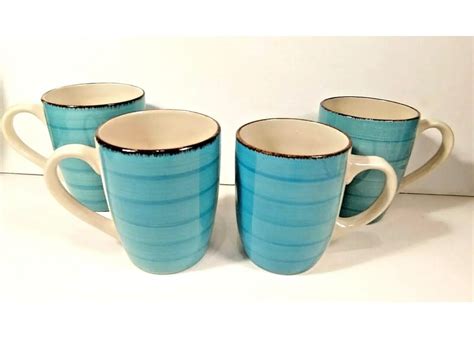 Vintage Collectible Set Of 4 Royal Norfolk Horizontal Turquoise Blue Swirl With Brown Rim Coffee