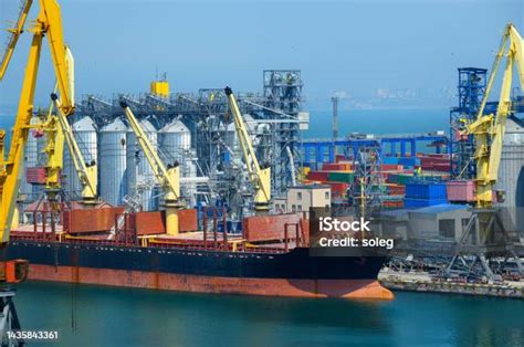 산업 항구 인프라 해상 크레인 및 건화물선 곡물 사일로 벌크 캐리어 선박 및 곡물 저장 엘리베이터 해상화물 운송의 개념 0명에