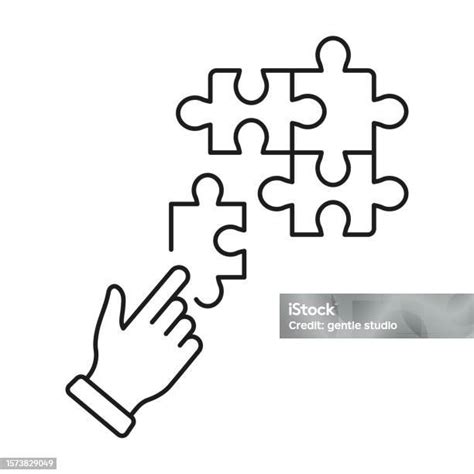 퍼즐과 인간의 손 선형 픽토그램 퍼즐 전략 솔루션 팀 게임 라인 아이콘입니다 퍼즐 개요 기호의 일부를 연결합니다 편집 가능한 획 격리된 벡터 그림 손에 대한 스톡 벡터 아트