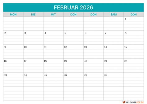 Kalender Februar 2026 Zum Ausdrucken Pdf Kostenlos