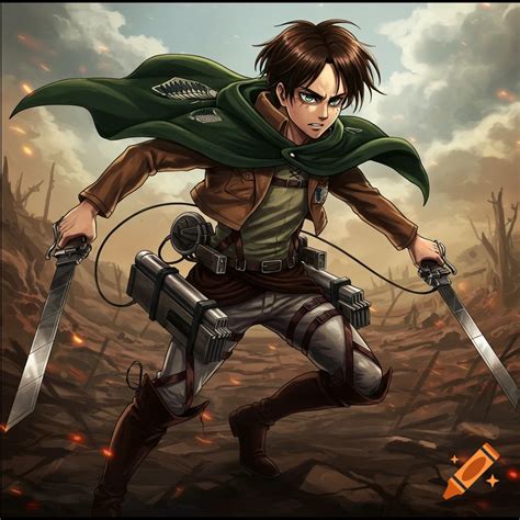 Eren Jaeger From Attack On Titan Wielding Swords In A Battleground Anime Style On Craiyon