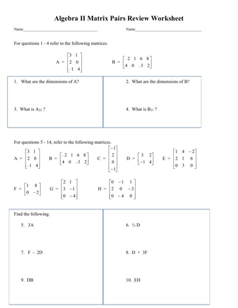 matrices worksheet with answers — db