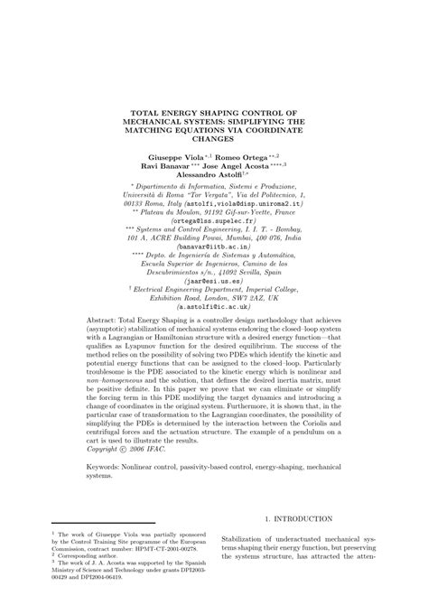 PDF Total Energy Shaping Control Of Mechanical Systems Simplifying The Matching Equations Via
