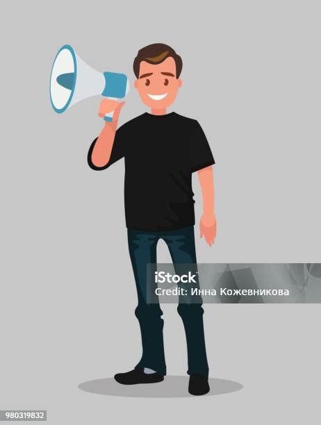 즐거운 남자는 확성기로 소리입니다 좋은 뉴스의 발표입니다 경영자에 대한 스톡 벡터 아트 및 기타 이미지 경영자 남자 남자 사업가 Istock