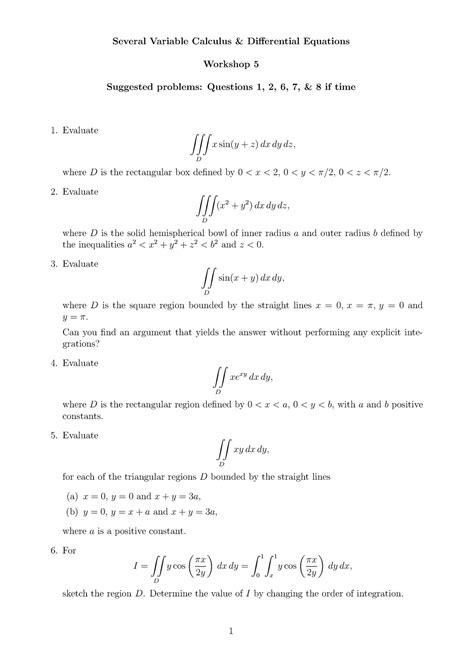 workshop 5 several variable calculus and differential equations