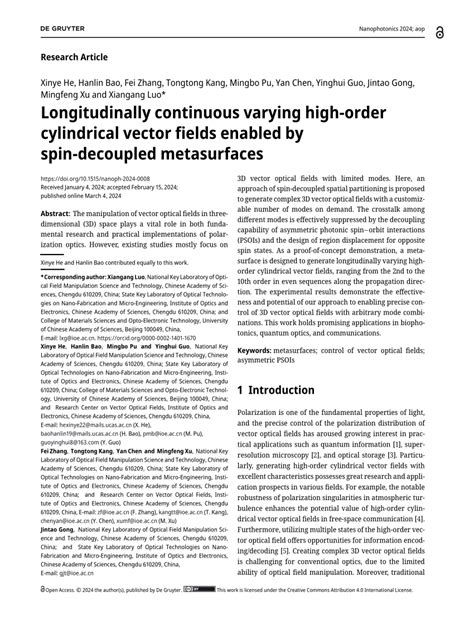 Pdf Longitudinally Continuous Varying High Order Cylindrical Vector Fields Enabled By Spin