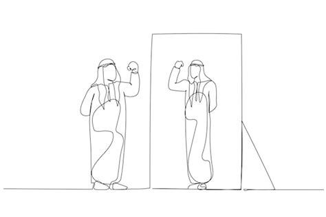 거울을 보고 있는 뚱뚱한 아랍 남자의 그림은 마른 건강한 버전 하나의 연속 라인 아트 스타일을 보고 있습니다 프리미엄 벡터