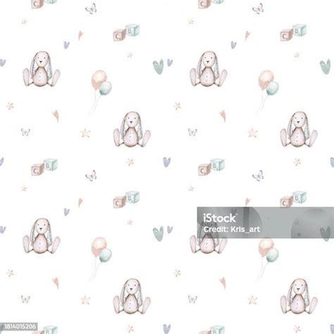 만화 구름 마법의 아기 곰 토끼 장난감 및 소가 있는 매끄러운 패턴 흰색 배경의 수채화 손으로 그린 그림 0명에 대한 스톡 벡터 아트 및 기타 이미지 Istock
