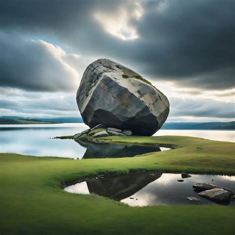 Premium Ai Image A Massive Boulder Perched Atop A Grassy Hill