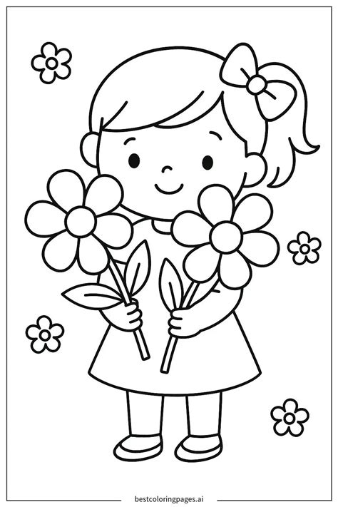 Niña Sosteniendo Flores Dibujos Para Colorear Gratis Imprimible