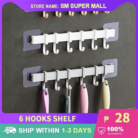 【traceless】wall Mounted 6 Hooks Storage Shelf Bathroom Strong Towel