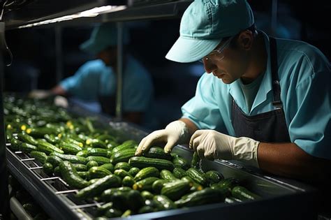 Premium Ai Image Workers Sorting Fresh Green Cucumbers On Conveyer
