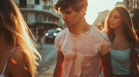 Premium Photo Disloyal Man Walking With His Girlfriend And Looking Amazed At Another Seductive